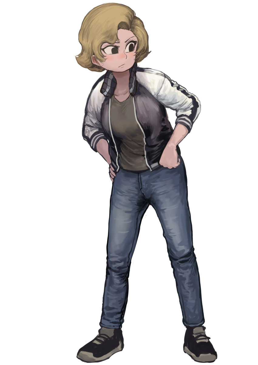 Safebooru - 1girl absurdres black eyes black footwear blonde hair blue pants blush chanta ...