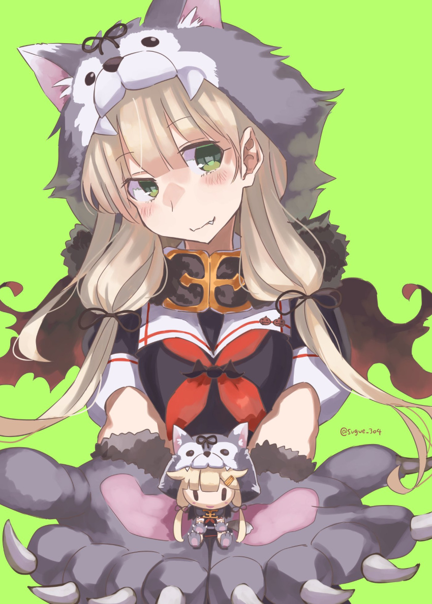 Safebooru - 1girl animal hands black ribbon black scarf black serafuku blonde hair chibi ...