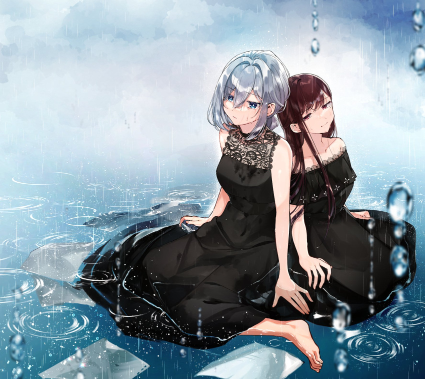 Safebooru - 2girls asaka kaori bangs barefoot black dress blue eyes breasts brown eyes brown ...