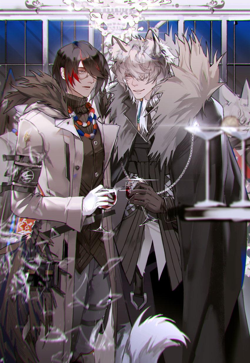 Safebooru - 2boys absurdres alcohol animal ears arknights armband bangs black cape black hair ...
