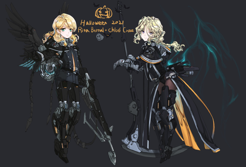 Safebooru - 2girls absurdres armor bangs bat beam rifle blonde hair blue eyes character name ...