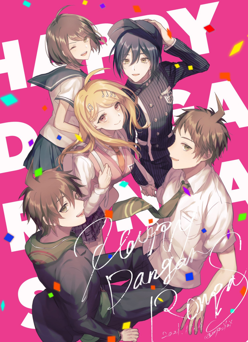 Safebooru - 2girls 3boys :d ahoge akamatsu kaede anniversary backpack bag bangs black headwear ...