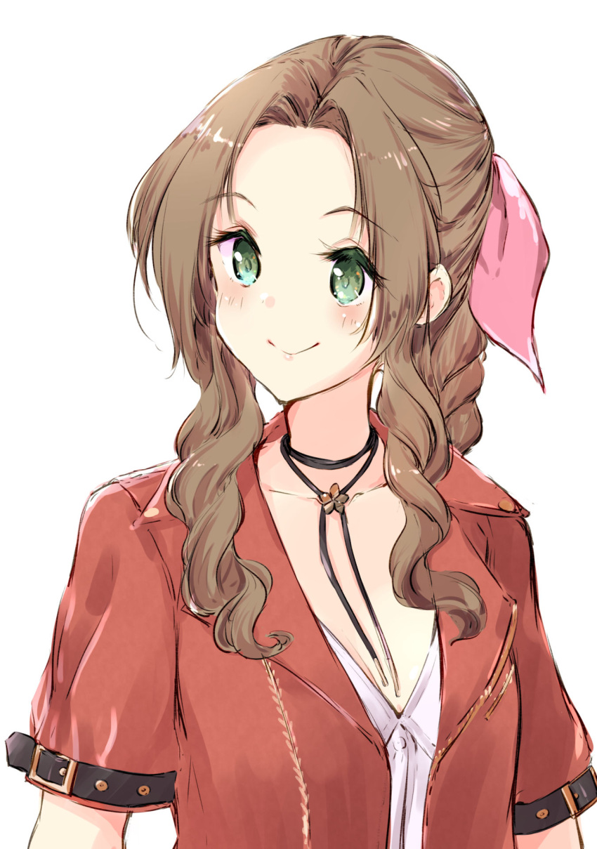 Safebooru - 1girl aerith gainsborough bow braid brown hair closed mouth cropped jacket dress ...