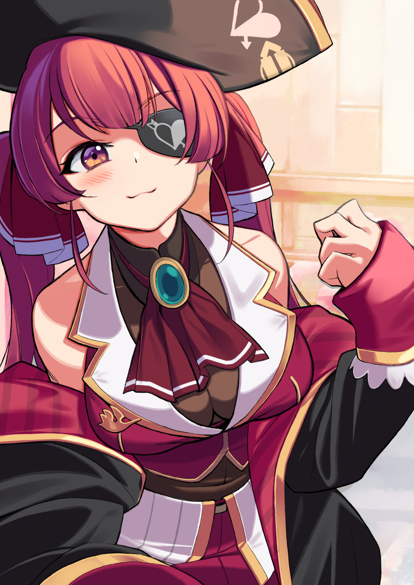 Safebooru - 1girl :3 absurdres arrow through heart ascot bangs bare shoulders black coat black ...