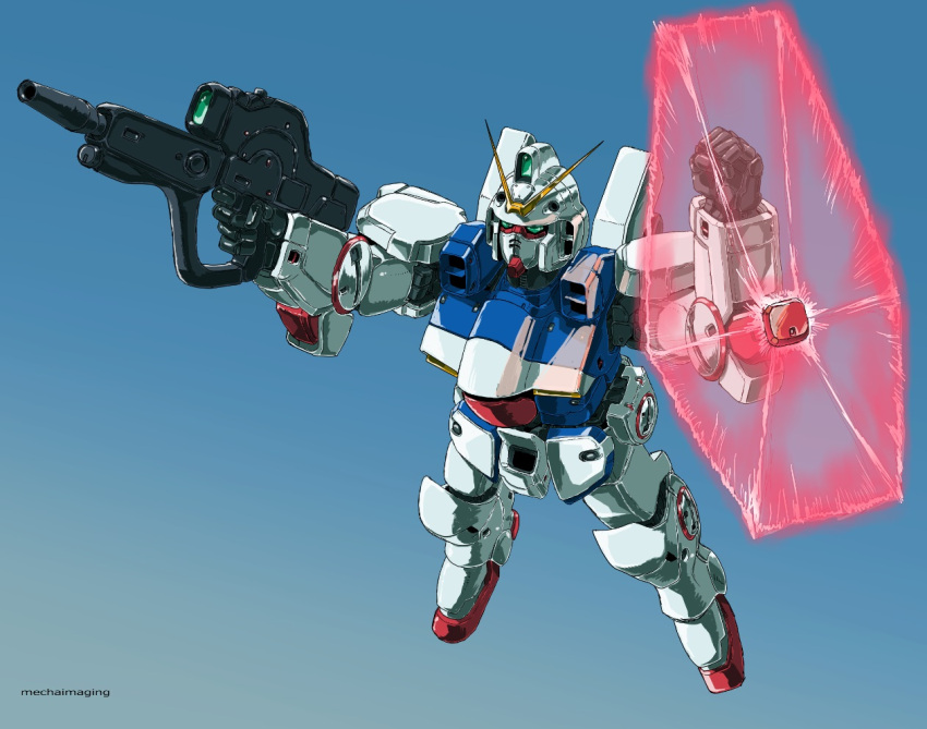 Safebooru - beam rifle energy barrier energy gun energy shield flying ...
