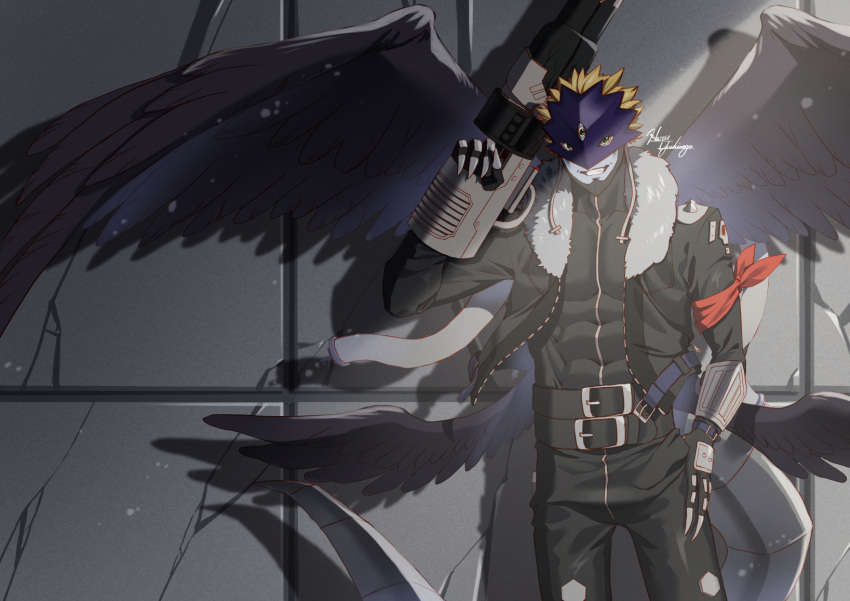 Safebooru - 1boy abs armband artist name assault rifle beelzebumon belt ...