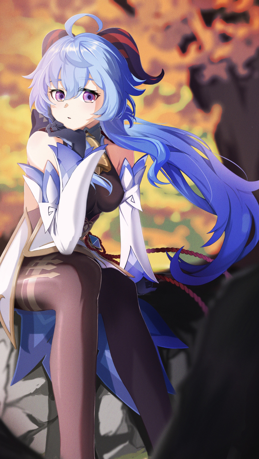 Safebooru - 1girl absurdres autumn bare shoulders bell black bodysuit black gloves blue hair ...