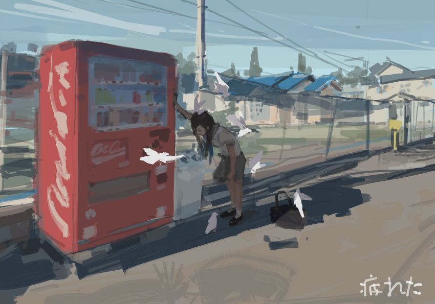 Safebooru - 1girl absurdres artist name backpack backpack removed bag black footwear blue sky ...