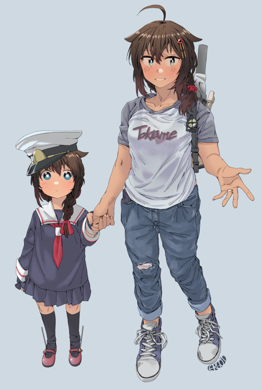 Safebooru - 2girls ahoge black gloves black legwear blue eyes blue pants blush braid brown hair ...