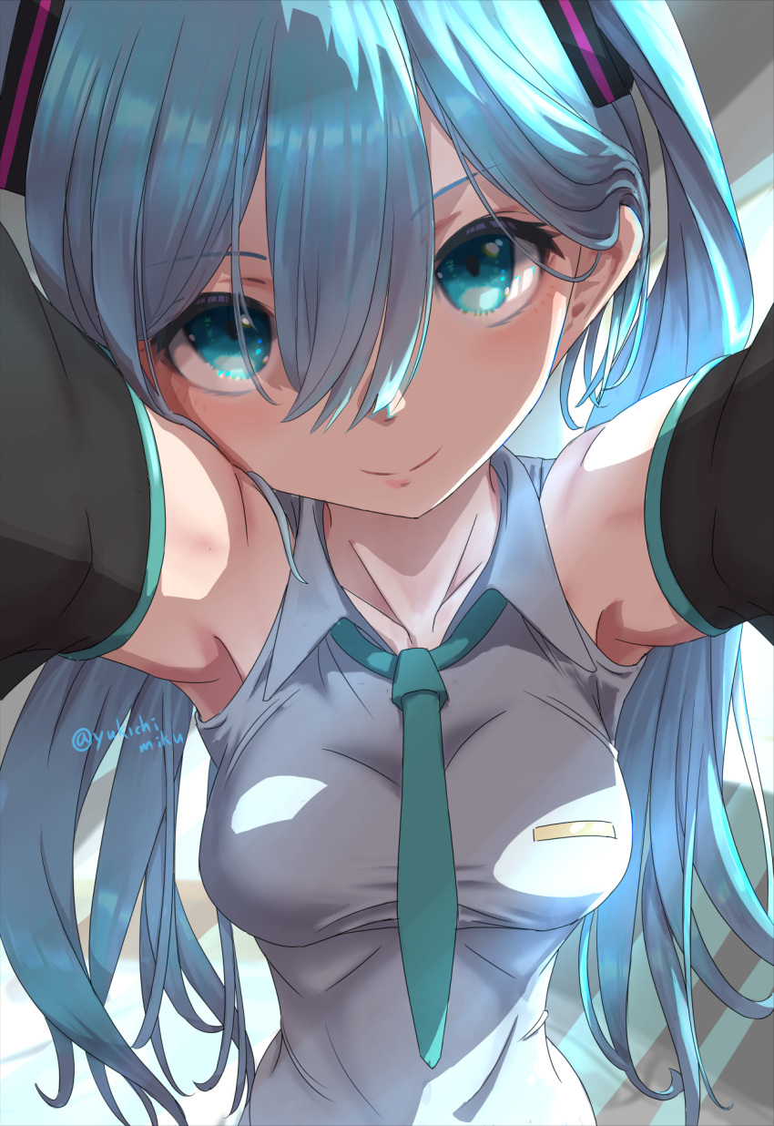 Safebooru - 1girl aqua eyes aqua hair aqua necktie armpits bare shoulders black sleeves breasts ...