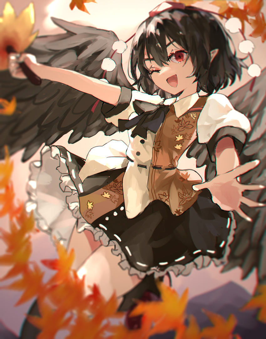 Safebooru - 1girl absurdres bird wings black hair black legwear black ribbon black skirt black ...