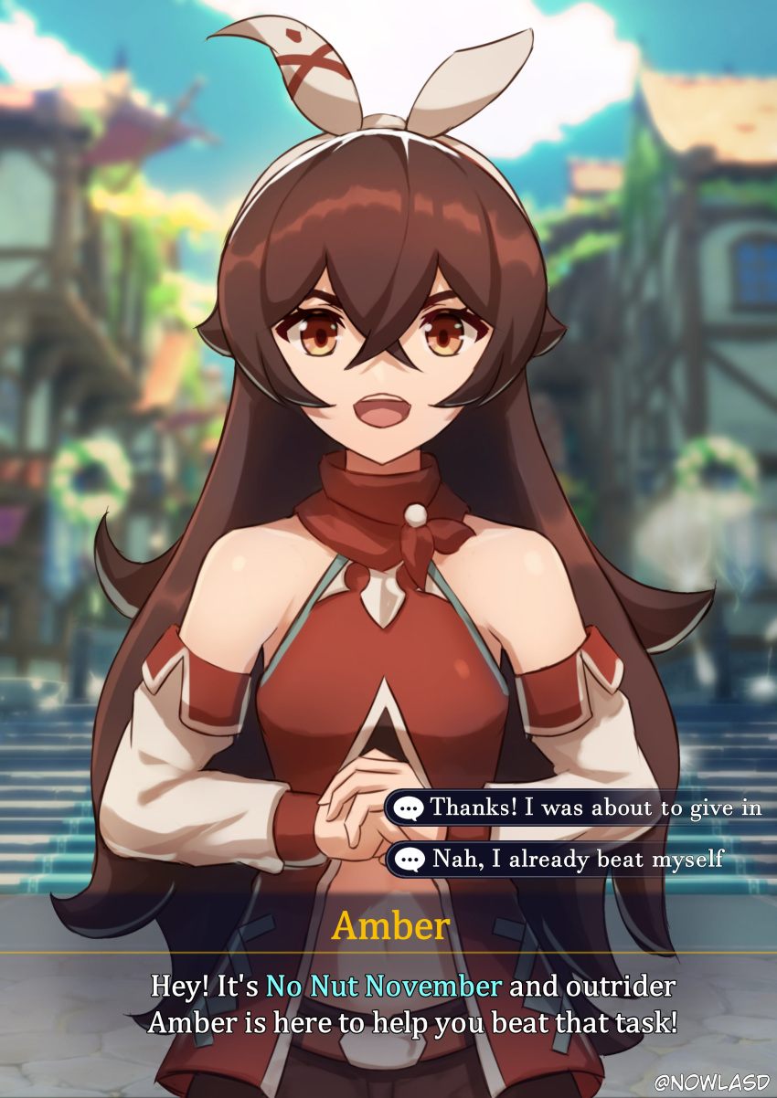 Safebooru - 1girl absurdres amber (genshin impact) bare shoulders belt brown hair character name ...