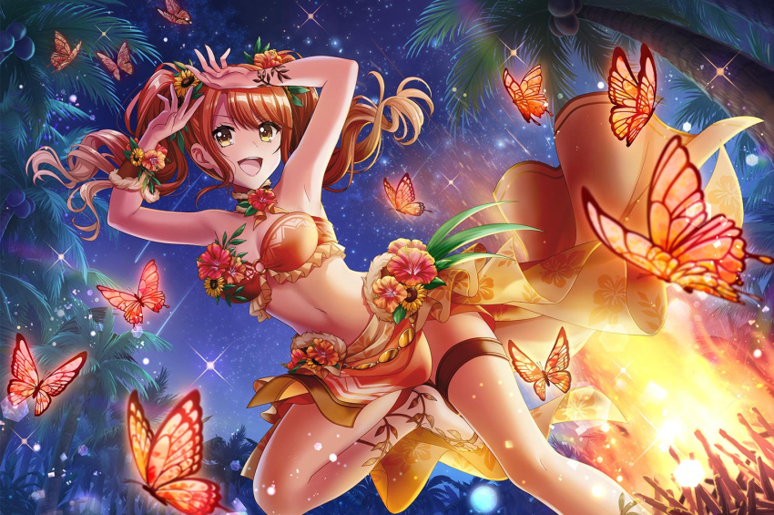Safebooru - 1girl armpits bikini brown eyes butterfly d4dj fire flower long hair midriff navel ...