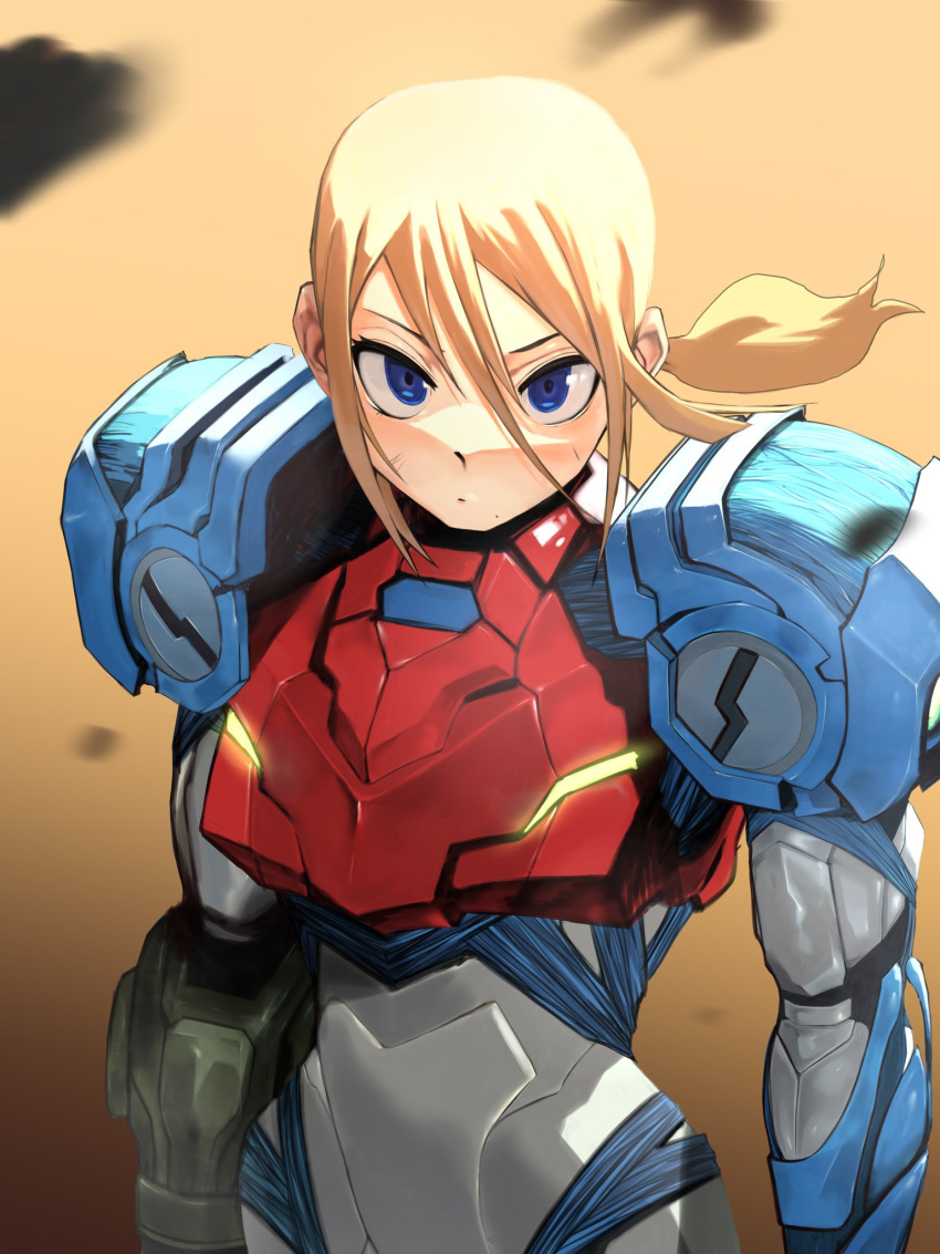 Safebooru - 1girl arm cannon armor bangs blonde hair blue eyes go d e highres long hair looking ...