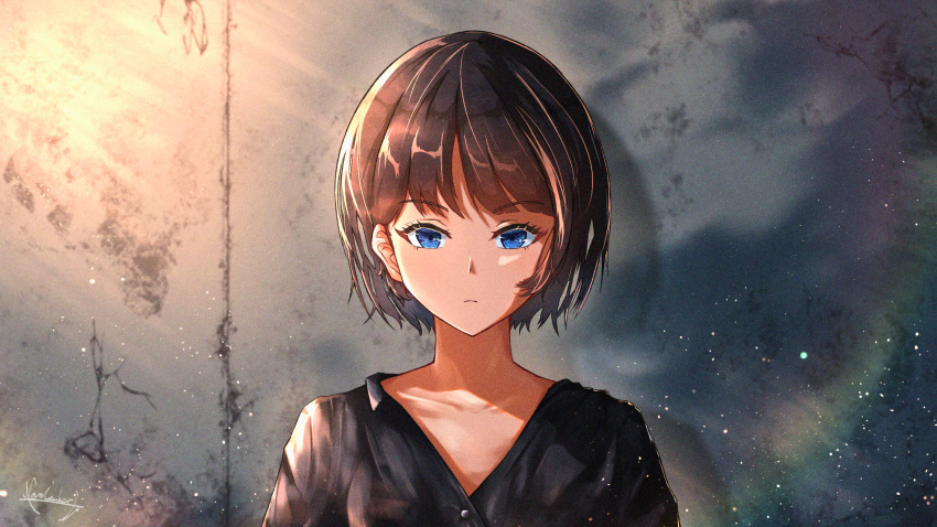 Safebooru - 1girl absurdres bangs black shirt blue eyes brown hair eyebrows visible through hair ...