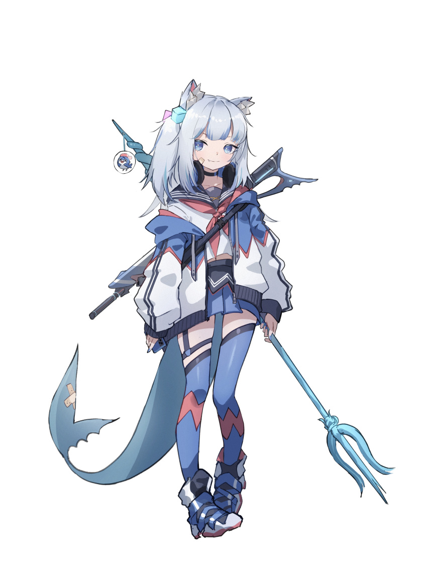 Safebooru - 1girl absurdres alternate costume animal ears assault rifle bloop (gawr gura) blue ...