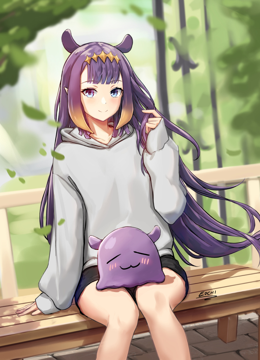 Safebooru - 1girl absurdres bangs bench black shorts blue eyes blunt bangs blurry commentary ...