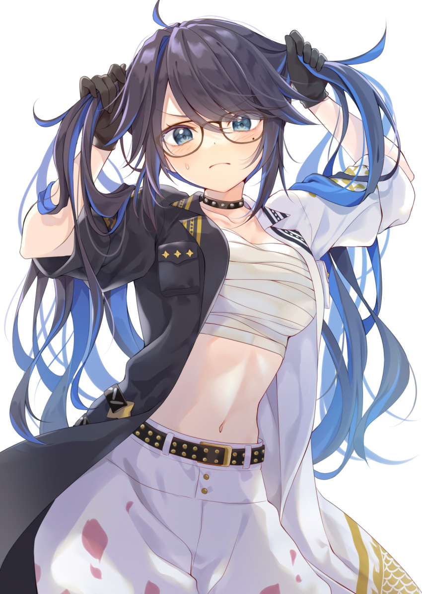 Safebooru - 1girl ahoge belt black gloves black hair blue eyes blue hair chest sarashi closed ...