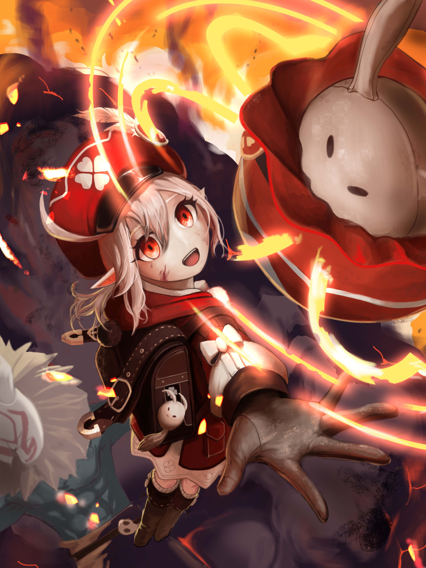 Safebooru - 1girl :d absurdres ahoge arm up backpack bag bag charm bangs boots brown footwear ...