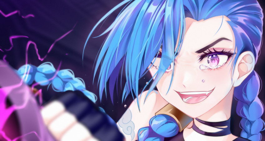 Safebooru - 1girl absurdres arm tattoo bangs black choker blue hair blurry blurry foreground ...