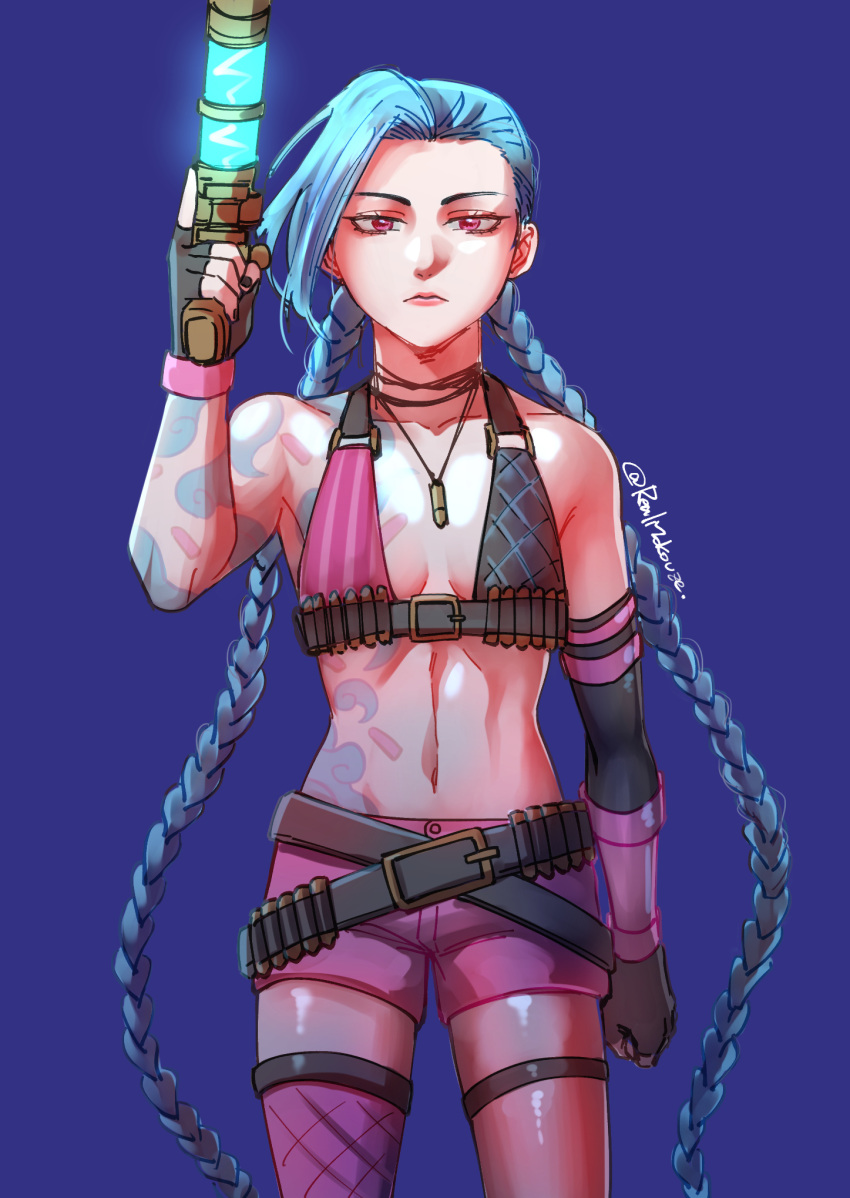 Safebooru - 1girl arm tattoo bangs bare shoulders belt black nails blue background blue hair ...
