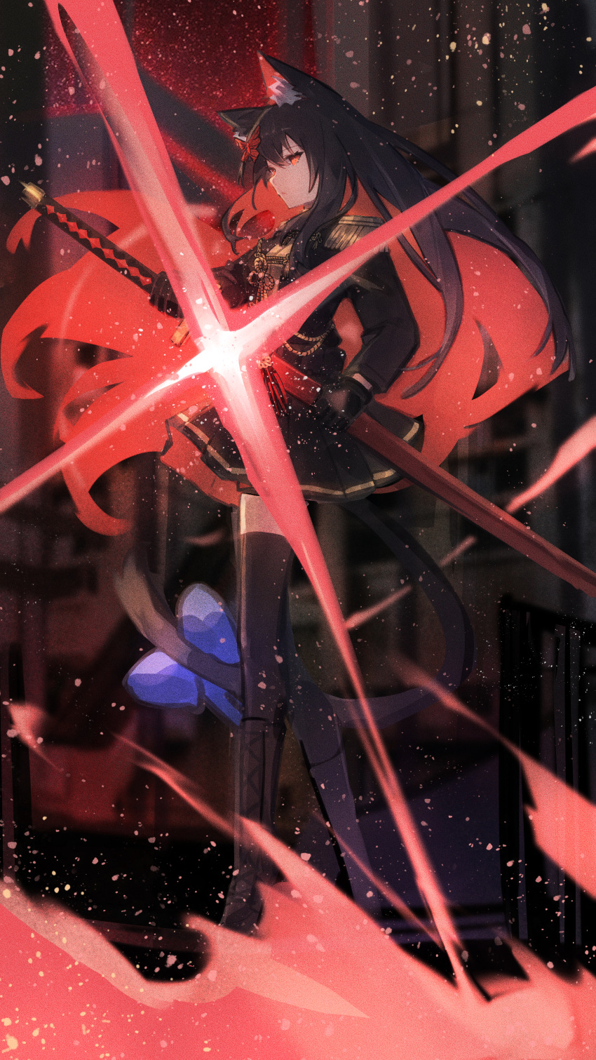 Safebooru - 1girl absurdres animal ears black hair cat ears cat tail extra ears highres holding ...