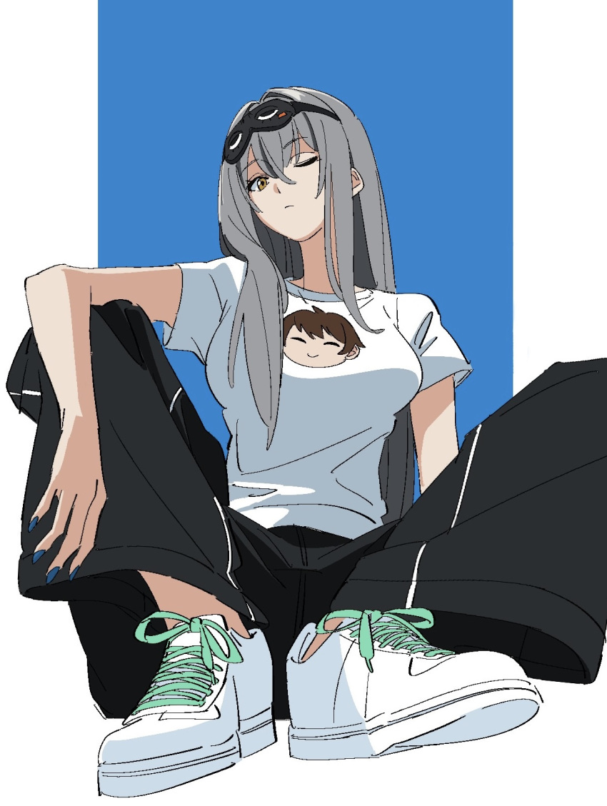 Safebooru - 1girl alternate costume black pants blue background blue ...