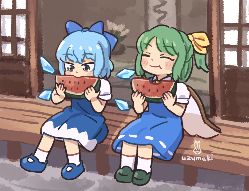 Safebooru - 2girls blue eyes blue hair blush stickers bow cirno closed ...