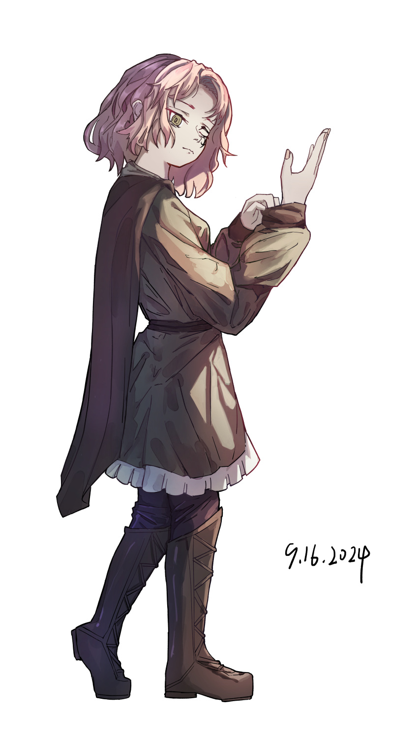 Safebooru - 1girl absurdres aged down arm up brown cape brown footwear brown hair cape closed ...