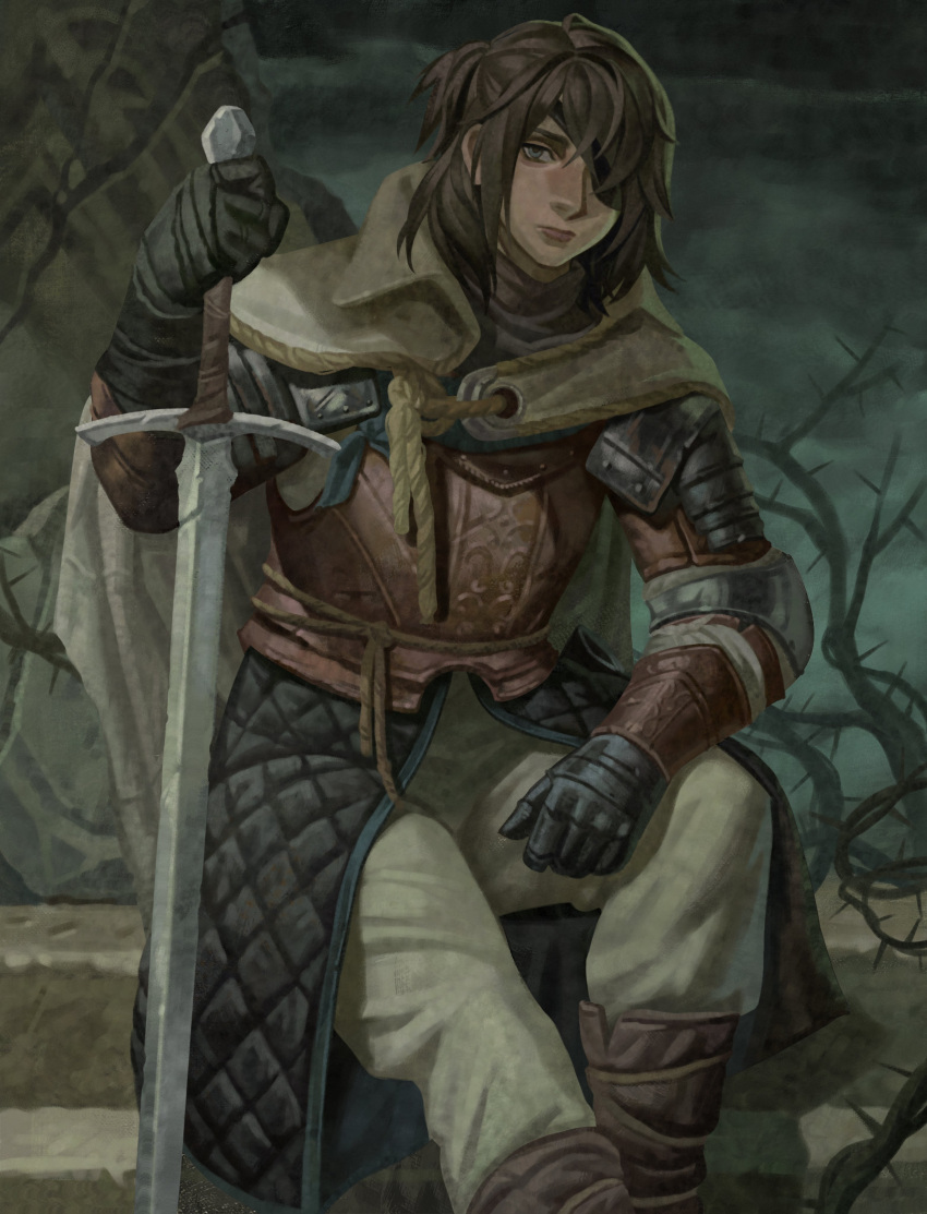 Safebooru - 1boy absurdres armor black gloves blue eyes boots breastplate brown footwear brown ...