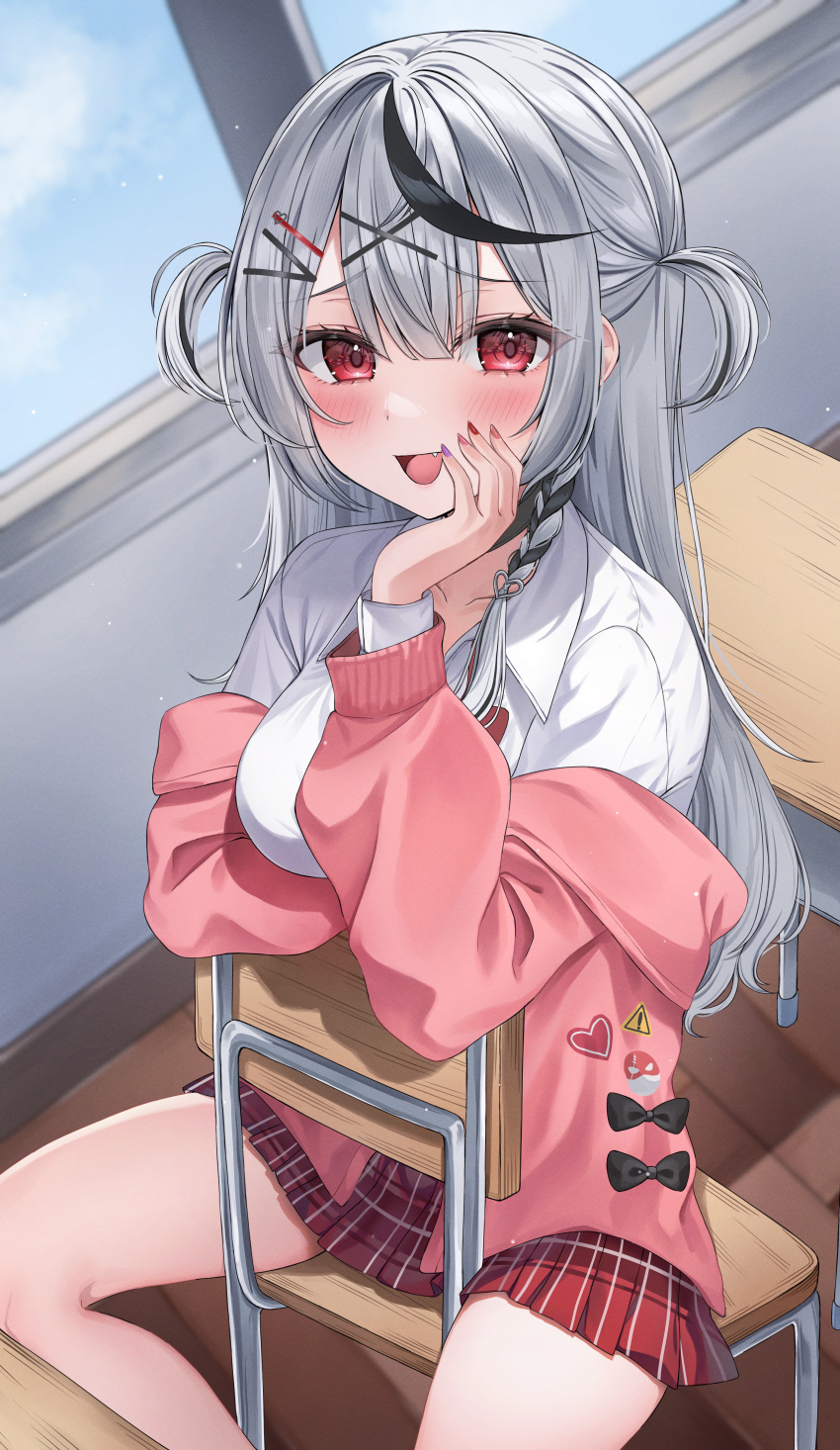 Safebooru - 1girl absurdres black hair blush collared shirt desk grey hair hair ornament hairpin ...