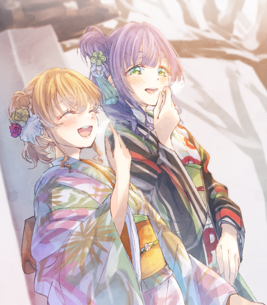 Safebooru - 2girls :d ^ ^ black kimono blush cerise bouquet closed eyes commentary request dutch ...