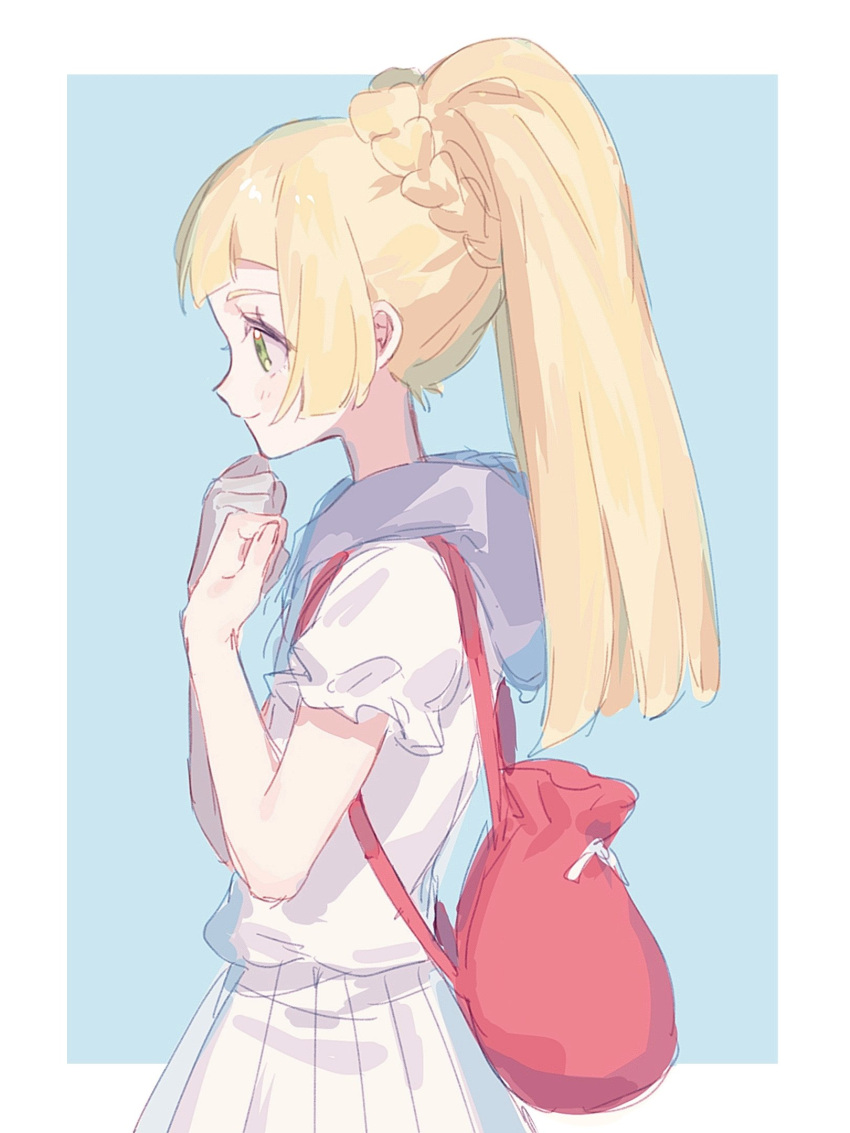 Safebooru - 1girl blonde hair blue background border closed mouth eyelashes from side ...