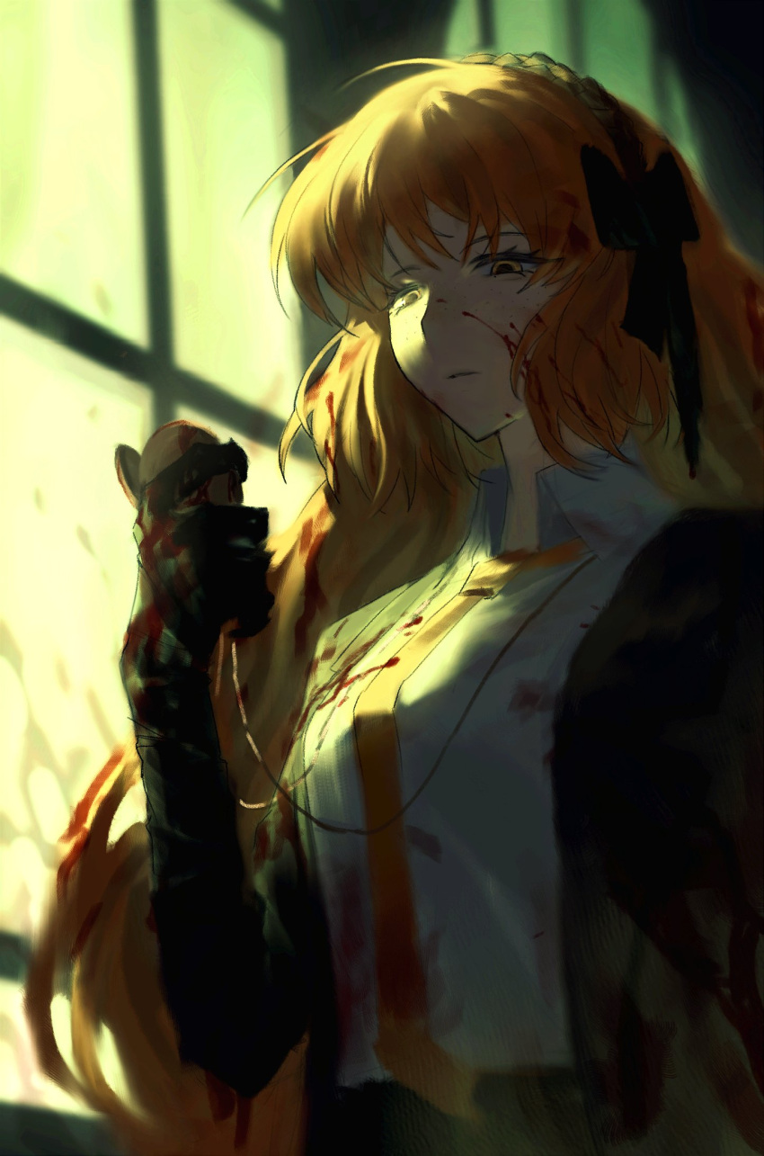 Safebooru - 1girl bandaged hand bandages black bandages black bow blood blood on clothes blood ...