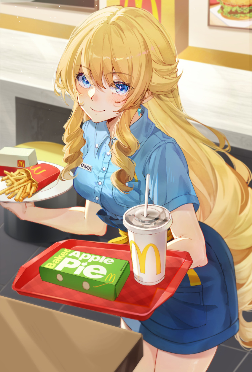 Safebooru - 1girl absurdres alternate costume apron blonde hair blue apron blue eyes blue shirt ...