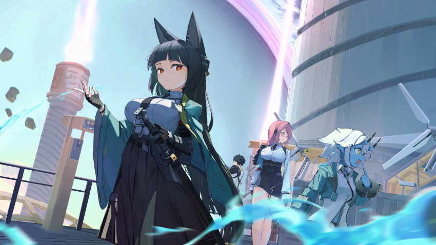 Safebooru - 1boy 3girls absurdres animal ears asaba harumasa black gloves black hair black skirt ...