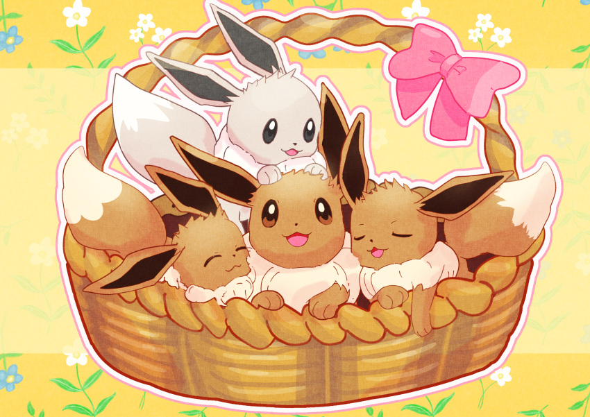 Safebooru - absurdres animal basket bow bright pupils brown eyes brown fur closed eyes eevee ...