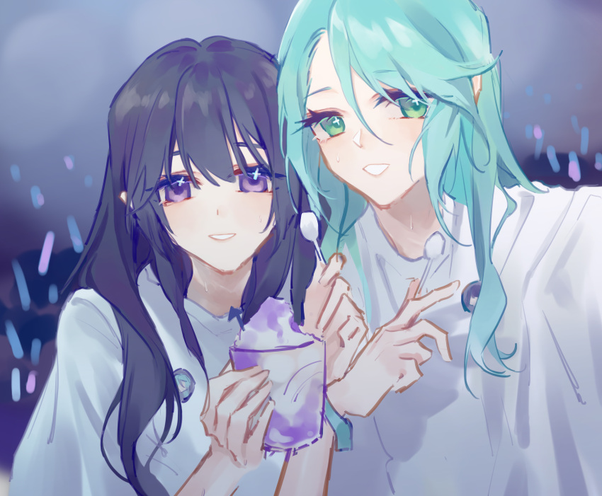 Safebooru - 2girls absurdres aqua hair bang dream! black hair commentary cup duplicate green ...