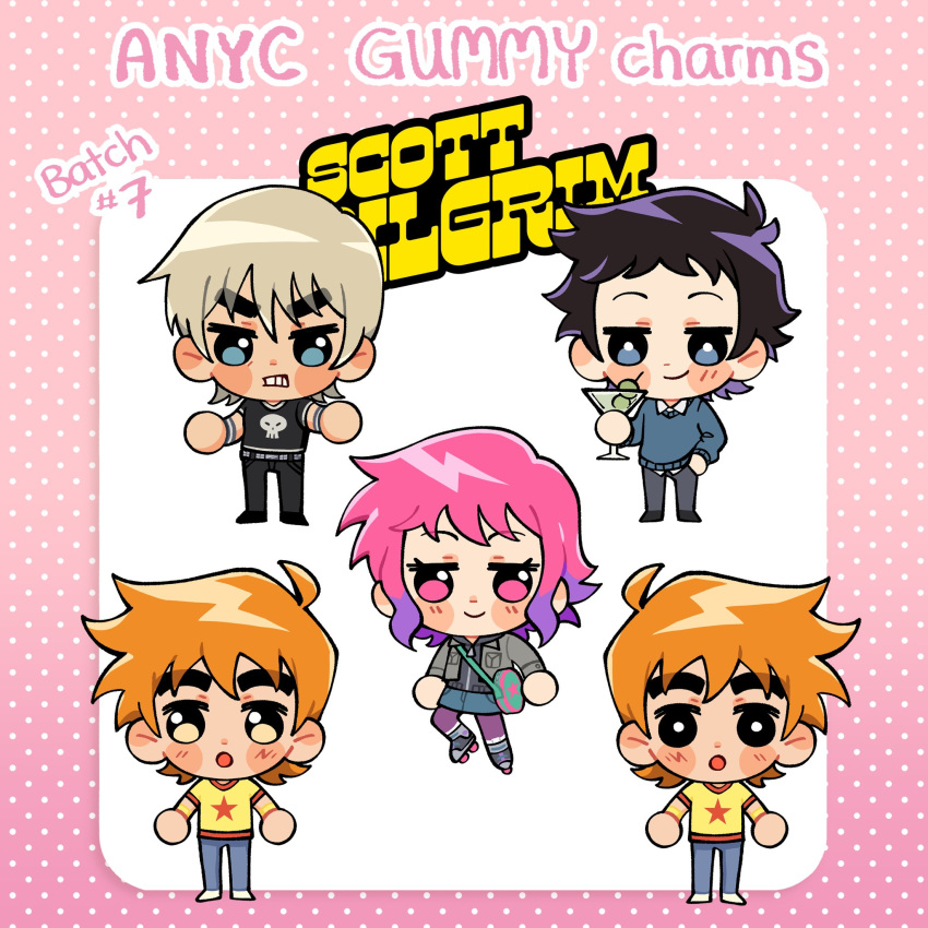 Safebooru - 1girl 4boys ahoge bag black hair blonde hair border chibi ...