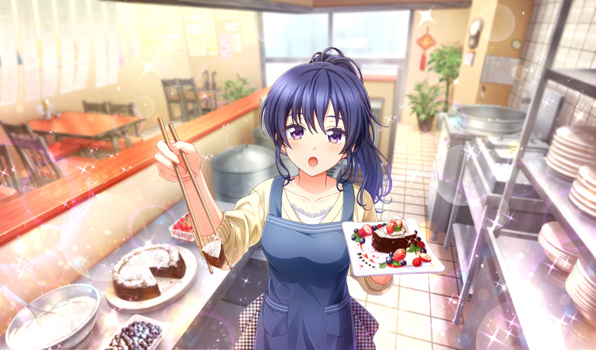Safebooru - 1girl :o apron blue apron blue hair blurry bowl cake chocolate cake chopsticks ...