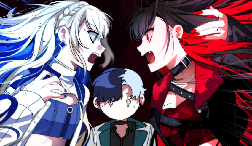 Safebooru - 1boy 2girls aoyagi touya azusawa kohane belt buckle black background black choker ...