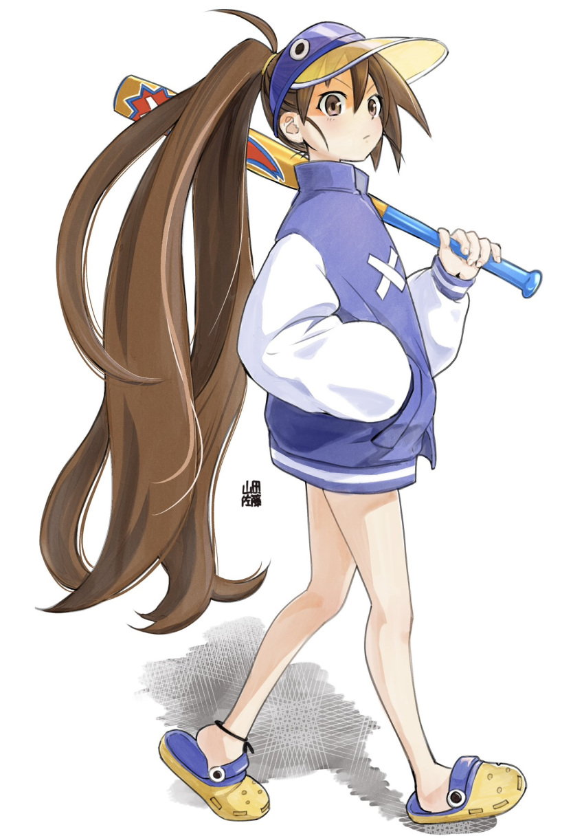 Safebooru - 1girl baseball bat blush brown eyes brown hair crocs ...