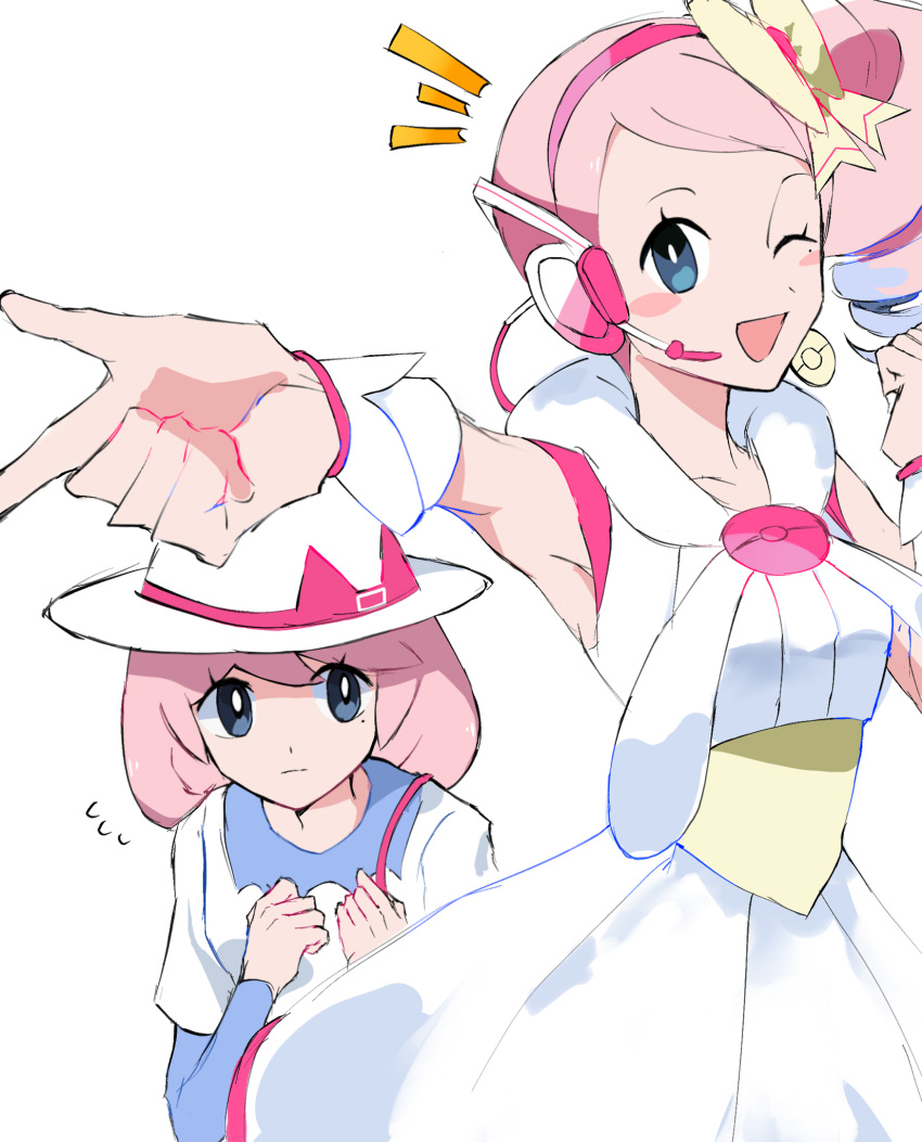 Safebooru - 2girls bag bare shoulders blue eyes dual persona hairband hat highres mole mole ...