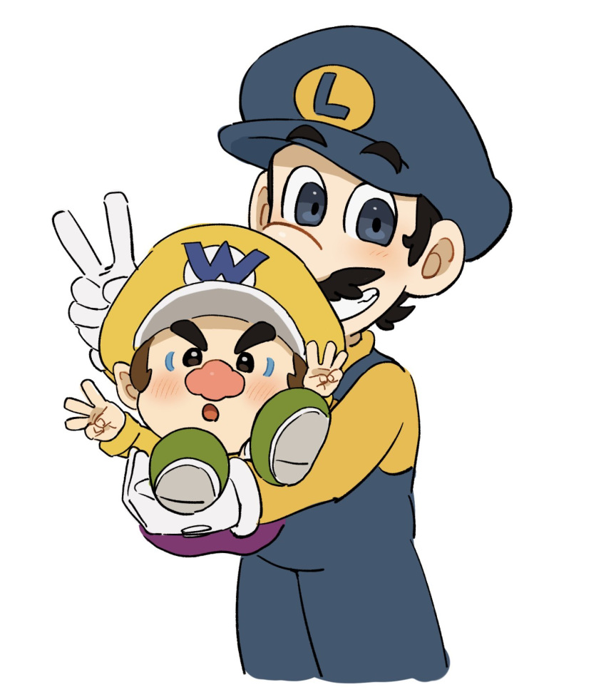 Safebooru - 2boys baby wario blue hat blue overalls brown hair facial hair hat highres luigi ...