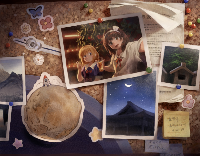 Safebooru - 2girls blonde hair bow bowtie brown eyes brown hair bulletin board closed mouth ...