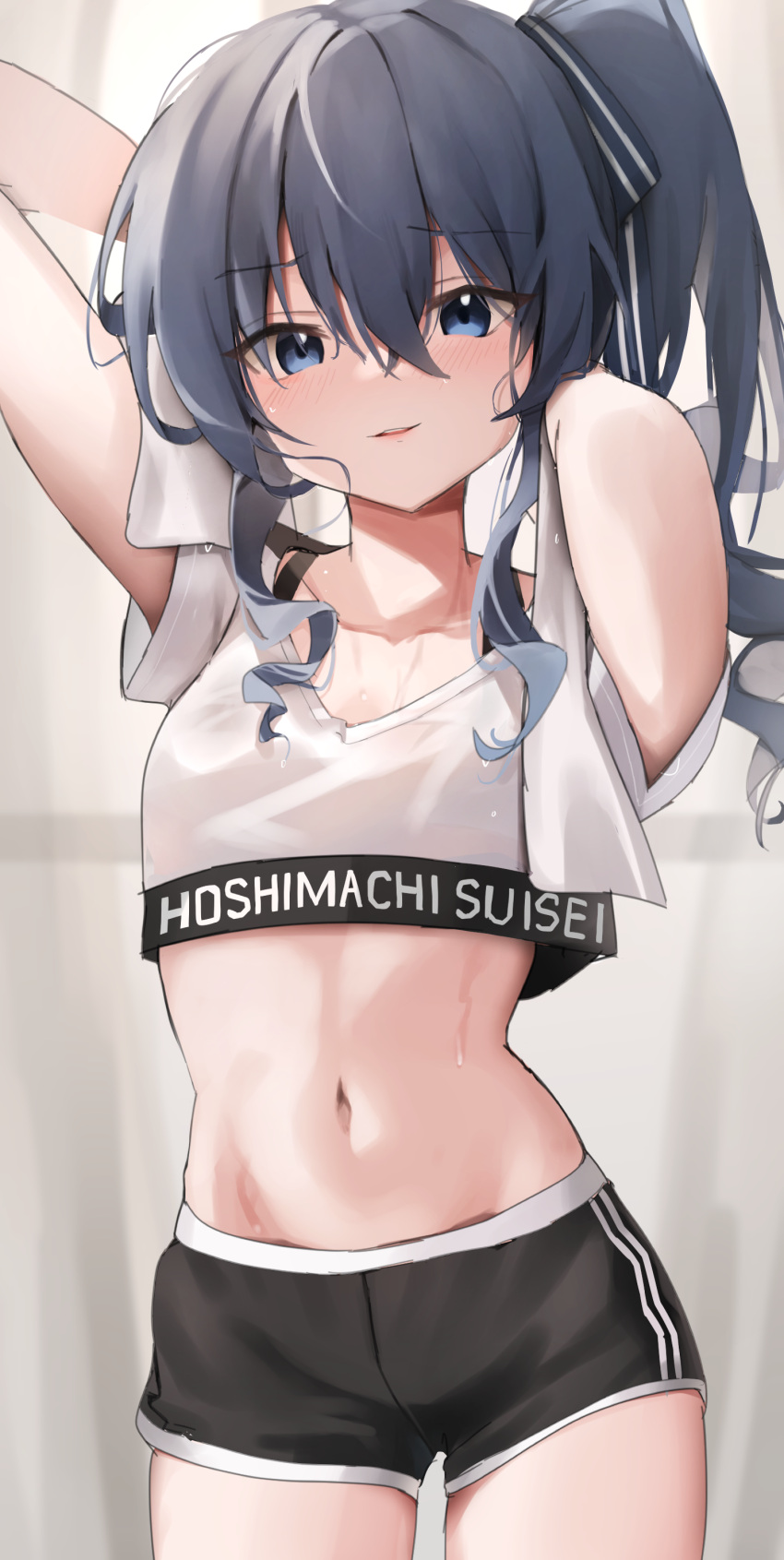 Safebooru - 1girl absurdres bare shoulders black hair black shorts blue eyes blue hair blush ...