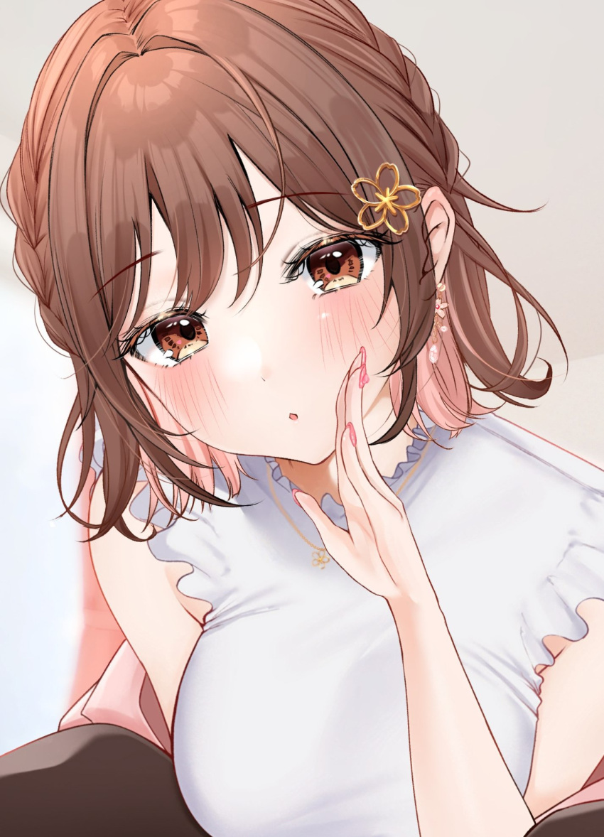 Safebooru - 1girl braid brown eyes brown hair ear ornament hair ornament highres jewelry nail ...