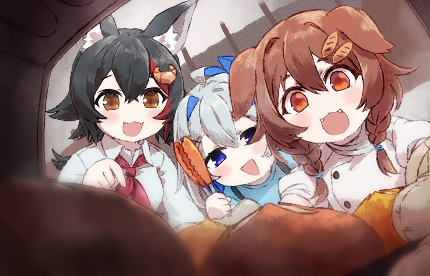 Safebooru - 3girls ahoge amane kanata animal ears ascot black hair braid bread bread hair ...