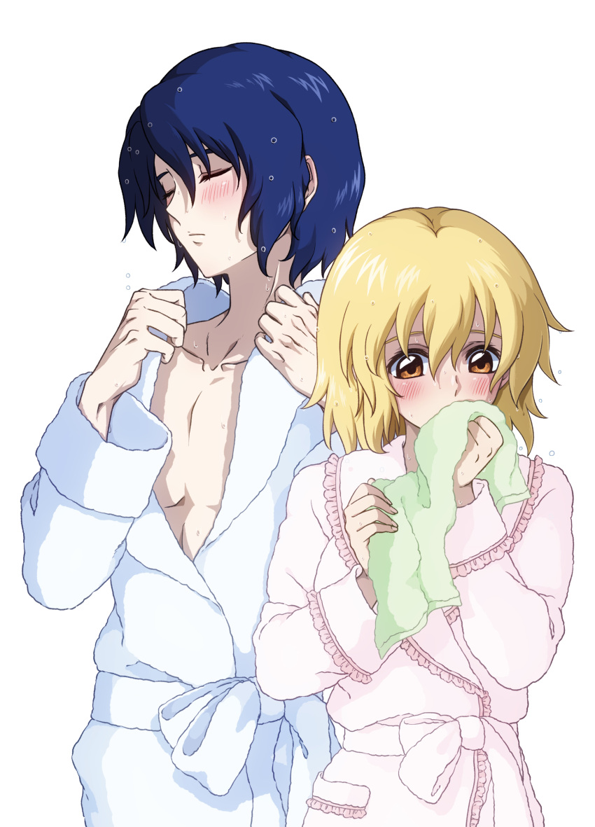 Safebooru - 1boy 1girl absurdres athrun zala bathrobe blonde hair blue hair blush brown eyes ...