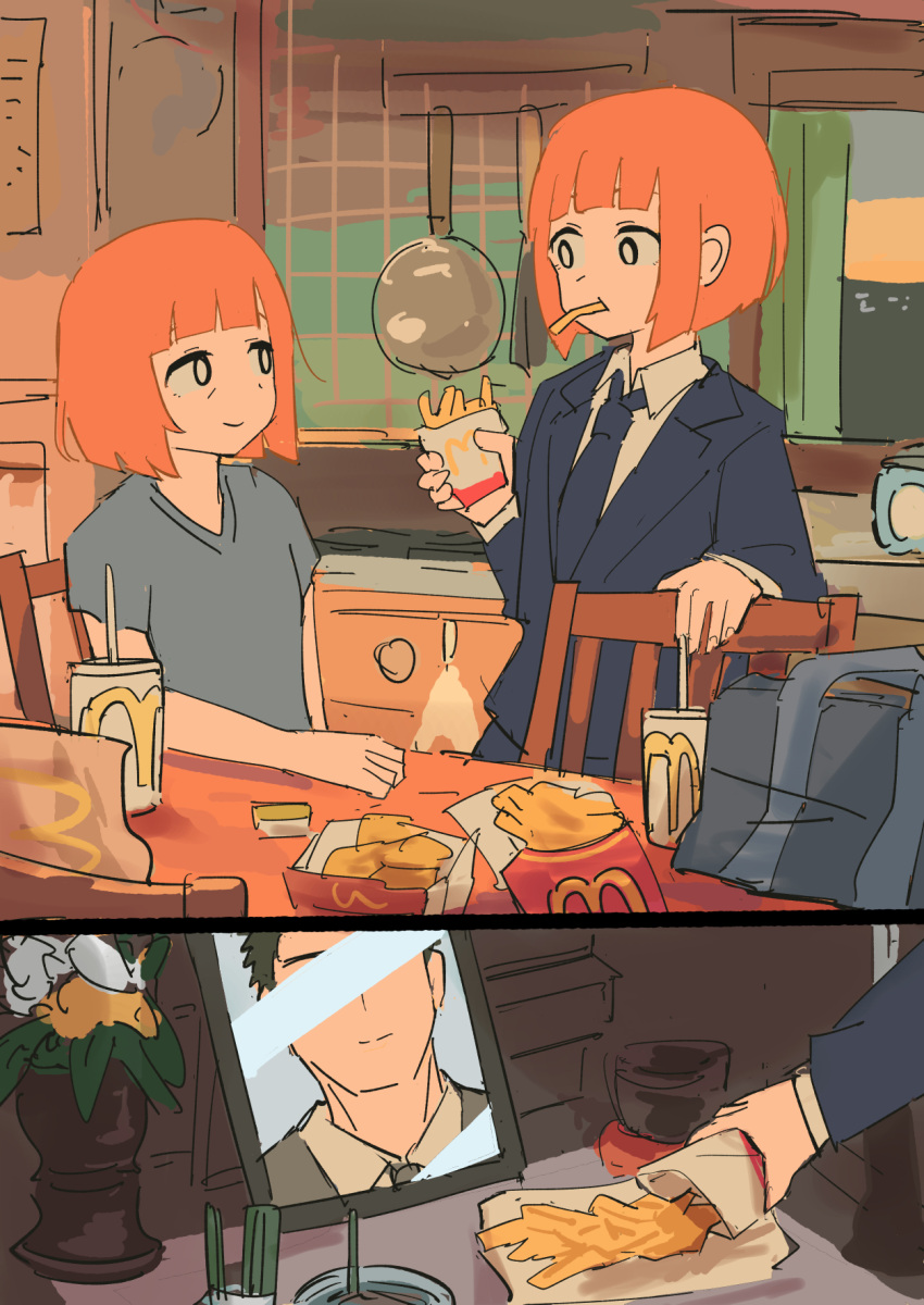 Safebooru - 2girls bag chair cup daughter (yoru mac) disposable cup fast food father (yoru mac ...